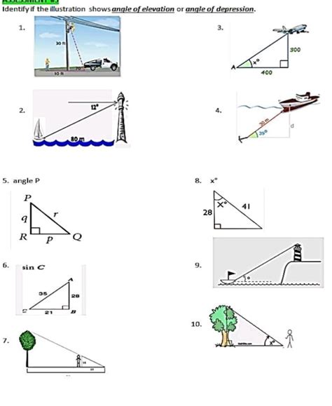 Angle Of Elevation And Depression Worksheet Answer Key Angles Of