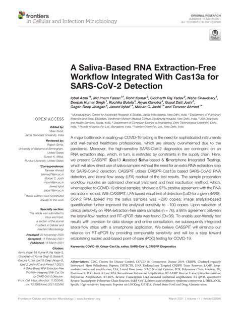 Pdf A Saliva Based Rna Extraction Free Workflow Integrated With Cas13a For Sars Cov 2 Detection