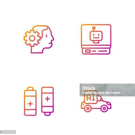 세트 라인 자율 스마트 카 배터리 휴머노이드 로봇 과 로봇 그라데이션 색상 아이콘입니다 벡터 가공의 인물에 대한 스톡 벡터 아트