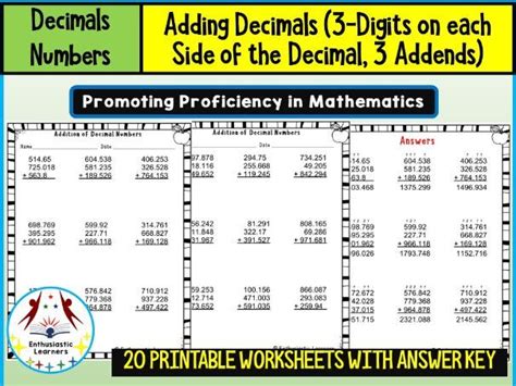 Adding Decimals Worksheets Thousandths 3 Addends Math Problems