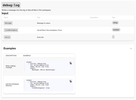 add examples of scaffolder action inputs to docs by punkle · pull