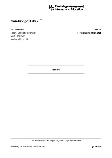Specimen Paper 4 Igcse Cambridge Igcse ™ Mathematics 0580 Paper 4