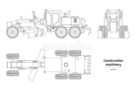 Isolated Outline Grader Drawing Industrial Transport Side Top And Front View Of Construction