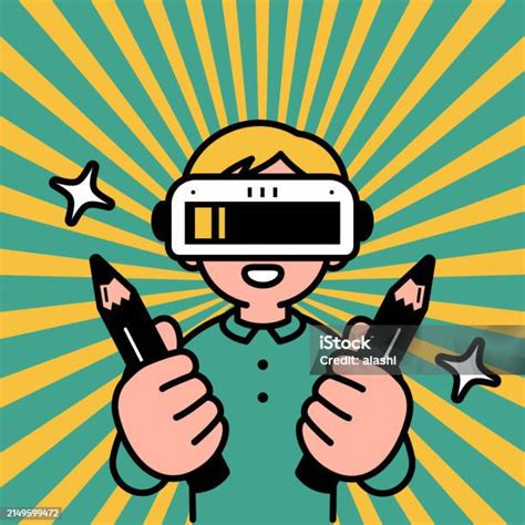 가상현실 헤드셋이나 Vr 안경을 쓴 소년이 가상의 구멍에서 나와 메타버스로 들어서자 연필 두 자루를 들고 있다 가상 이벤트에 대한 스톡 벡터 아트 및 기타 이미지 Istock
