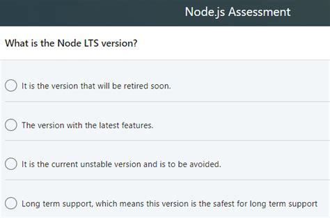 solved node js assessment what is the node lts version