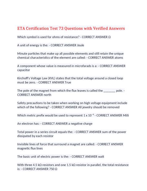ETA Certification Test Questions With Verified Answers Exams Physics Docsity