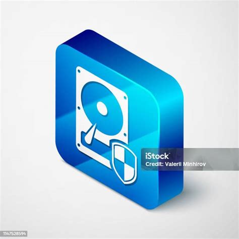 아이소메트릭 하드 디스크 드라이브 Hdd 보호 아이콘 흰색 배경에 고립입니다 파란색 사각형 버튼을 클릭 합니다 벡터 일러스트 0