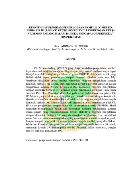 Pdf Efektivitas Program Pengelolaan Sampah Domestik Berbasis 3r Reduce Reuse Recycle Di