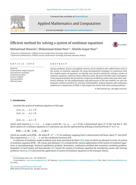 Pdf Efficient Method For Solving A System Of Nonlinear Equations