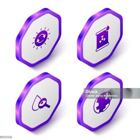 등분성 태양 에너지 패널 배럴 드롭 및 돋보기 및 지구 지구 아이콘에 방사성 폐기물을 설정합니다 보라색 육각 버튼 벡터 0명에 대한 스톡 벡터 아트 및 기타 이미지 Istock