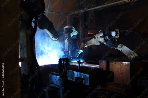 Production Automate Wireless Robot Arm In Smart Factory Background Mixed Media Of Welding Robot