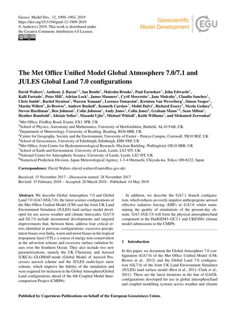 Pdf The Met Office Unified Model Global Atmosphere 7071 And Jules Global Land 70