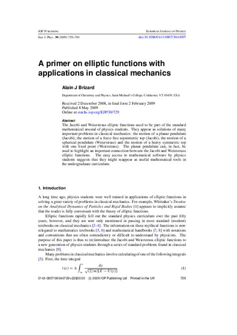 Pdf A Primer On Elliptic Functions With Applications In Classical