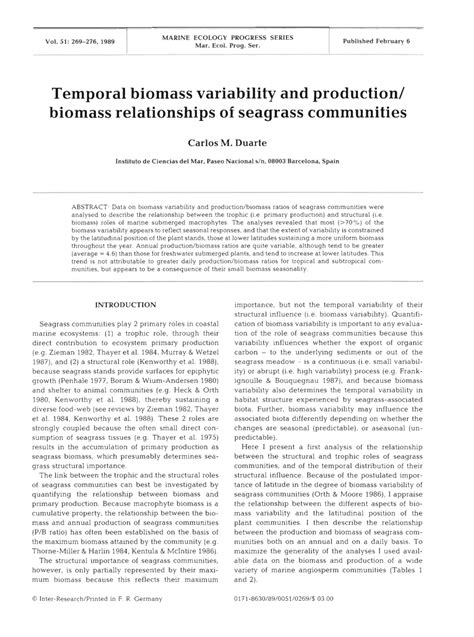 Pdf Temporal Biomass Variability And Productionbiomass Relationship Of Seagrass Communities