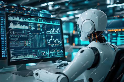 a humanoid robot working at a computer with data and graphs on the