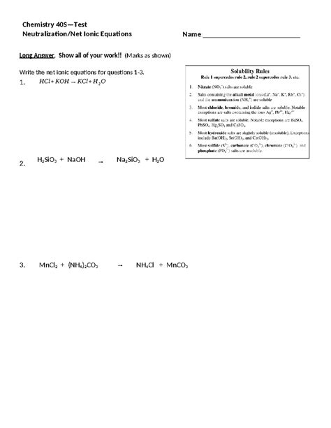 Acid Base Neutralization Net Ionic A Chemistry 40s—test