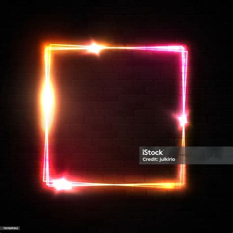 검은 벽돌 벽 배경에 네온 사각 프레임 벡터 빛나는 사각형 전기 배너 스타 스파클 빛 플래시 나이트 클럽 바 전단지 포스터 네온