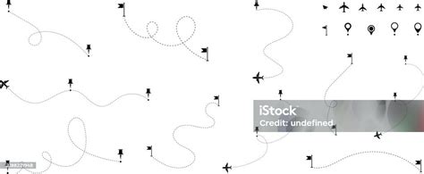 경로 아이콘 점선 경로와 위치 핀이 있는 두 점 경로 위치 아이콘 두 개의 핀 기호 및 점선 비행기 항로가 설정됩니다 항공기 비행기 추적 0명에 대한 스톡 벡터 아트 및