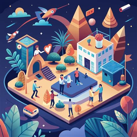 Isometric Illustration Of People On A Platform With Houses Trees And A
