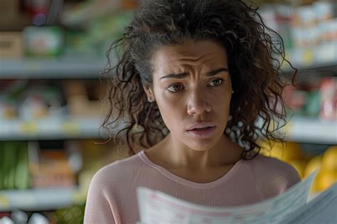 Woman Examining Grocery Receipt With Concerned Expression Premium AI Generated Image