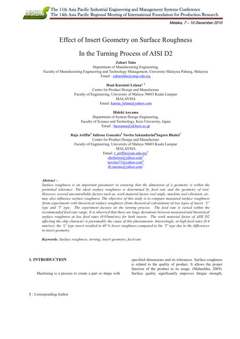 Pdf Effect Of Insert Geometry On Surface Roughness In The Turning