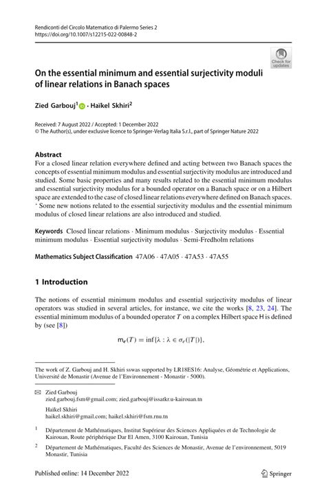 Pdf On The Essential Minimum And Essential Surjectivity Moduli Of Linear Relations In Banach