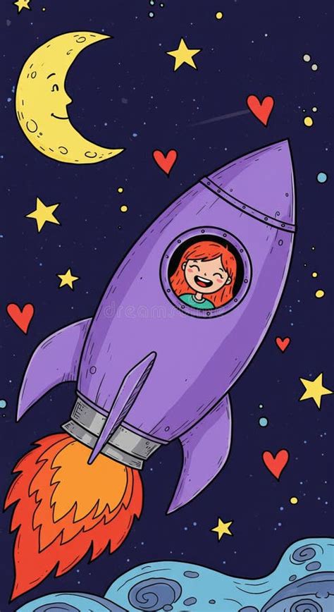 Whimsical Cartoon Rocket With Happy Girl Exploring Starry Night Sky And Smiling Moon Stock Image