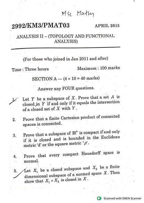 msc question papper topology and functional analysis mathematics