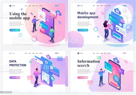 아이소메트릭 방문 페이지를 설정 젊은 청소년 정보 검색 및 보호 모바일 응용 프로그램 개발과 개념 웹 사이트 및 모바일 앱 개발용 개발에 대한 스톡 벡터 아트 및 기타