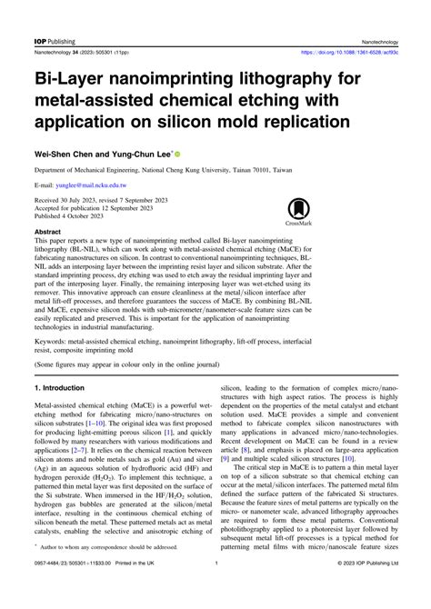 Bi Layer Nanoimprinting Lithography For Metal Assisted Chemical Etching With Application On