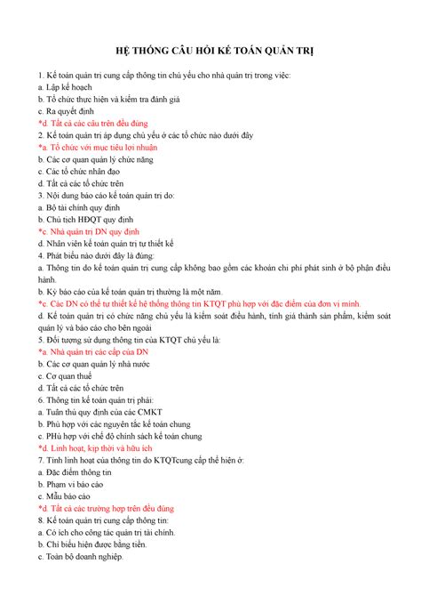 123doc cau hoi trac nghiem ke toan quan tri sv - HỆ THỐNG CÂU HỎI KẾ TOÁN QUẢN TRỊ Kế toán quản ...
