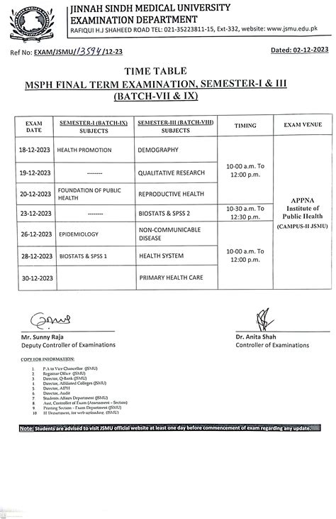 Jsmu Time Table Msph Final Term Examination 2023 Result Pk