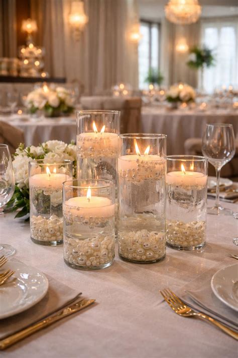 Floating Candle Centerpiece Set 4 Glass Vases With Candles And Pearls