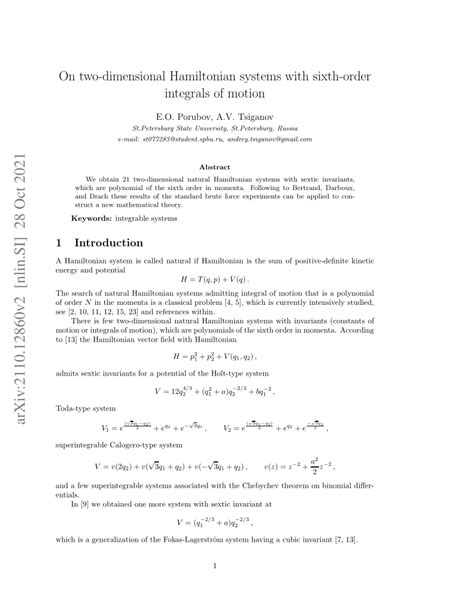 Pdf On Two Dimensional Hamiltonian Systems With Sixth Order Integrals Of Motion