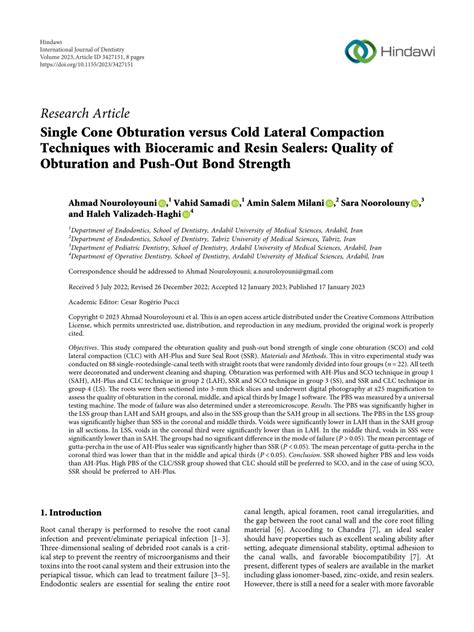 Pdf Single Cone Obturation Versus Cold Lateral Compaction Techniques With Bioceramic And Resin