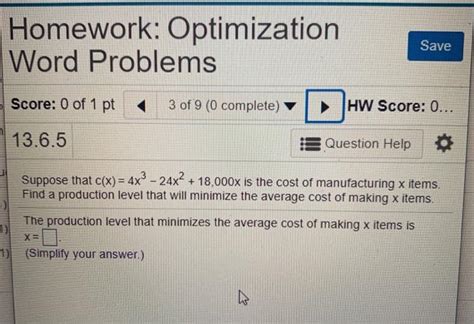 Solved Homework Optimization Word Problems Save Score 0 Of
