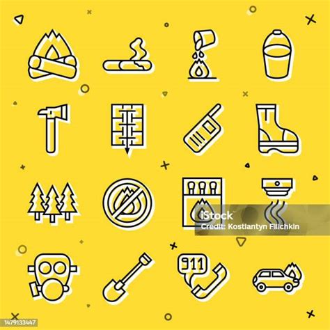 세트 라인 불타는 자동차 연기 경보 시스템 화재 장화 양동이 소화 화재 대피 계획 소방관 도끼 캠프 파이어 및 워키 토키 아이콘 벡터 가루로 빻은에 대한 스톡 벡터 아트 및