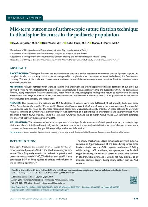 Pdf Mid Term Outcomes Of Arthroscopic Suture Fixation Technique In Tibial Spine Fractures In