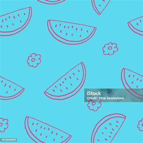 수박 이음새가 없는 무늬 낙서 스타일로 손으로 그린 벡터 일러스트레이션 미니멀리즘 벽지 섬유 포장지 배경 육즙이 많은 신선한 과일 여름 음식 건강한 식생활에 대한 스톡 벡터