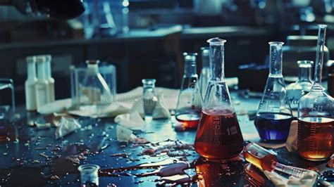 Numerous Bottles Filled With Various Liquids Are Arranged On A Table Likely Part Of A Science