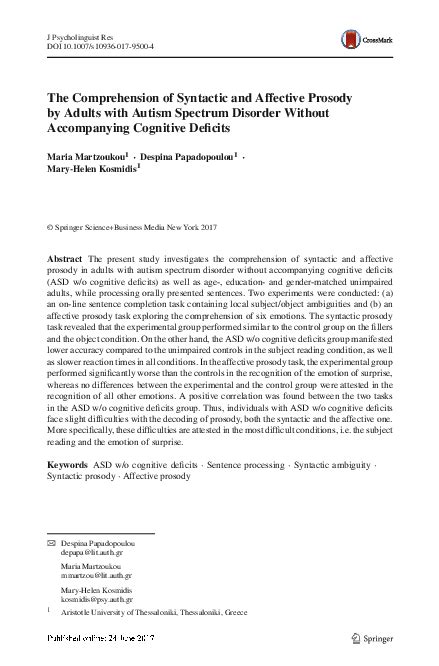 Pdf The Comprehension Of Syntactic And Affective Prosody By Adults With Autism Spectrum