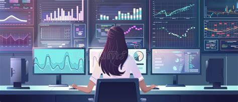 An Female Software Engineer Sits Behind A Computer Screen In A Modern Monitoring Office With A