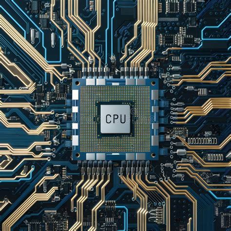 Advanced Circuit Board With Cpu And Intricate Components Golden Blue Wiring Stock Illustration