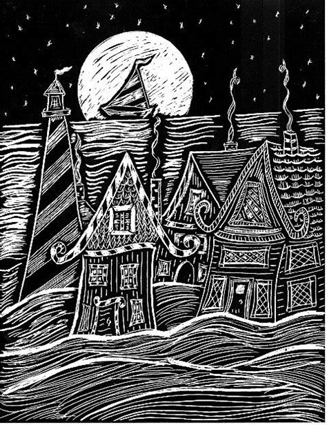 Whimsical Folk Art Original Scratchboard Lighthouse Village And The