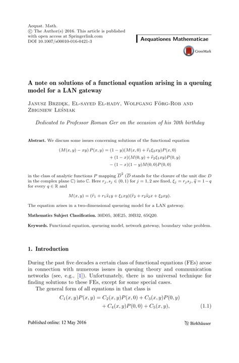 Pdf A Note On Solutions Of A Functional Equation Arising In A Queuing