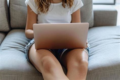 Premium Photo A Woman Sitting On A Couch Using A Laptop