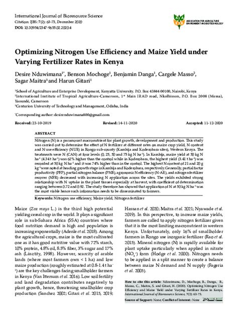 Pdf Optimizing Nitrogen Use Efficiency And Maize Yield Under Varying Fertilizer Rates In Kenya