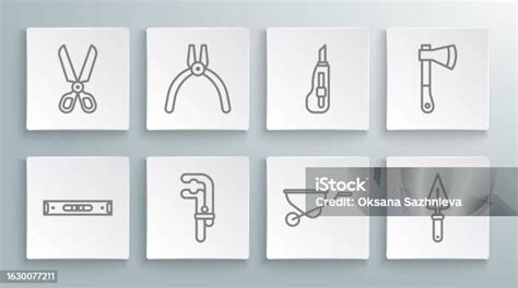 라인 건설 거품 수준 펜치 도구 클램프 수레 흙손 문구 칼 나무 도끼 및 가위 아이콘을 설정합니다 벡터 갈고리 발톱에 대한 스톡 벡터 아트 및 기타 이미지 Istock