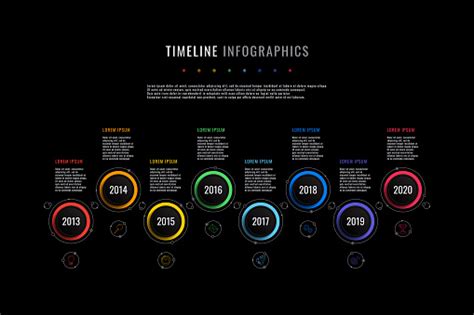 둥근 요소 연도 표시 및 검은 배경에 텍스트 상자가있는 수평 타임라인 인포그래픽 사실적인 3d 용지 컷 디자인 최신 벡터 회사 프리젠 테이션 슬라이드 템플릿 Eps 10 0