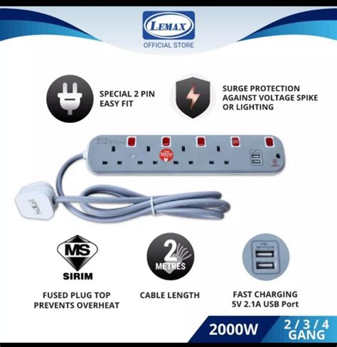 LMX USB Extension Socket SIRIM Plug Top Surge Protection Fast Charging USB Port Pin Plug